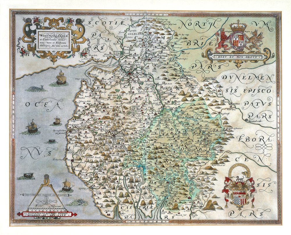 Mapa Westmorland a Cumberland, 1576 | Christopher Saxton