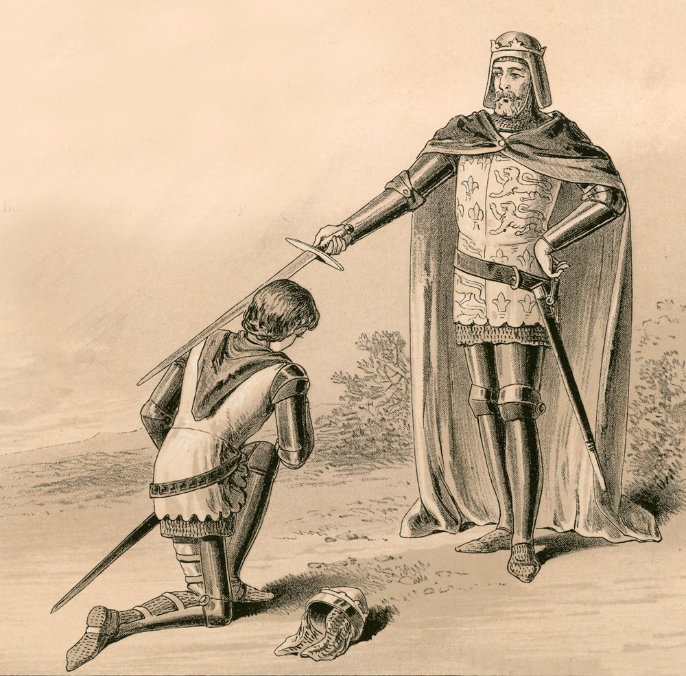 Princ Edward, Černý princ, je pasován na rytíře svým otcem, králem ...